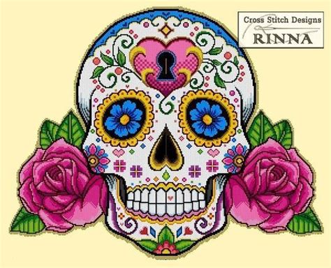 Patrón Punto de Cruz Calavera de Azúcar y Rosas Rosadas Diseño de