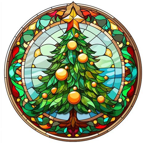 A Close Up Of A Stained Glass Window With A Christmas Tree Generative