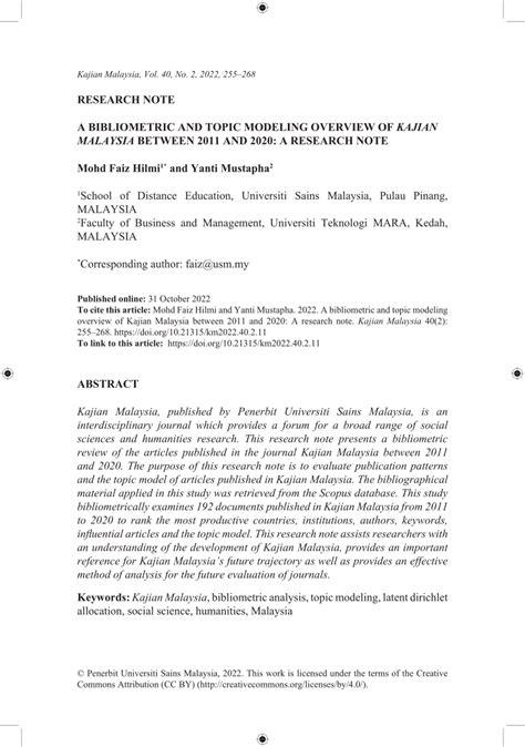 Pdf A Bibliometric And Topic Modeling Overview Of Kajian Malaysia Between 2011 And 2020 A