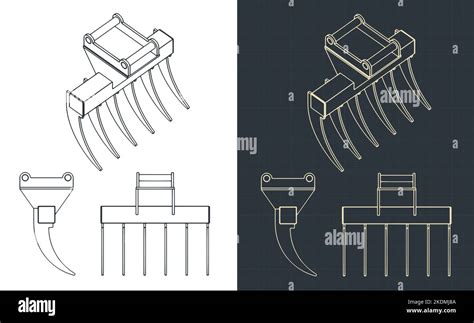 Stylized Vector Illustration Of Blueprints Of Small Rake For Excavator