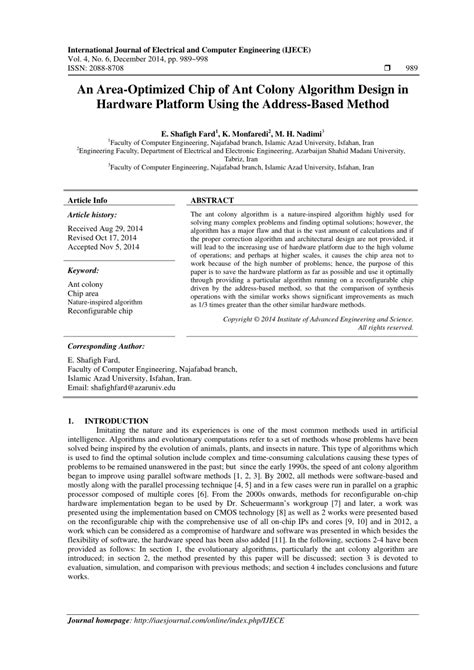Pdf An Area Optimized Chip Of Ant Colony Algorithm Design In Hardware Platform Using The