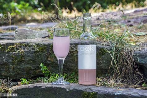 바위에 장미 와인병과 와인 잔을 열었습니다 모의 텍스트공간을 복사합니다 자연에서 알코올 음료와 경치 정물 0명에 대한 스톡 사진