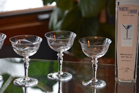 6 Vintage Etched Cocktail Glasses Circa 1950s Vintage Champagne