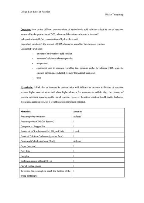 Example Of Rate Of Reaction Lab Report Yukiko Takayanagi Question How Do The Different Studocu