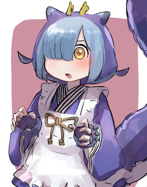 Safebooru 1girl Apron Blue Hair Dragon Girl Dragon Horns Dragon Tail