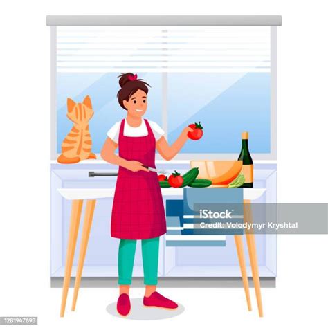 부엌에서 야채 샐러드를 요리하는 여자 빨간 고양이를 가진 소녀는 건강한 식이 점심 이나 저녁 식사를 합니다 벡터 일러스트레이션 가정 생활에 대한 스톡 벡터 아트 및 기타