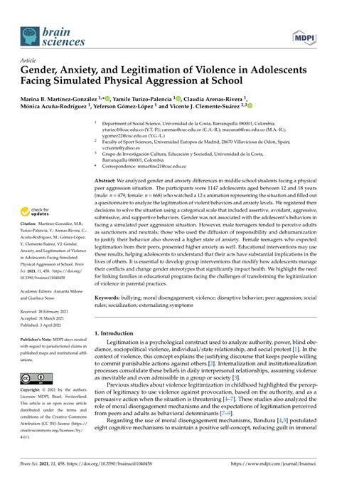 Pdf Gender Anxiety And Legitimation Of Violence In Adolescents Facing Simulated Physical