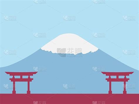 日本文化日背景或贺卡设计。一个日本大门的插图与富士山在背景，和一个复制空间区域。适合放置在与该主题相