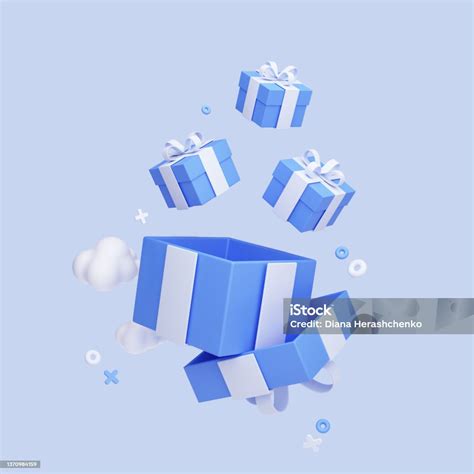 선물의 무리와 파란색 오픈 선물 상자 생일 과 휴일 놀라움 축하를위한 상자를 선물 프로모션을 위한 배너 템플릿입니다 3d 렌더링 선물에 대한 스톡 사진 및 기타 이미지