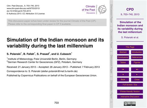 Pdf Simulation Of The Indian Monsoon And Its Variability During The Last Millennium