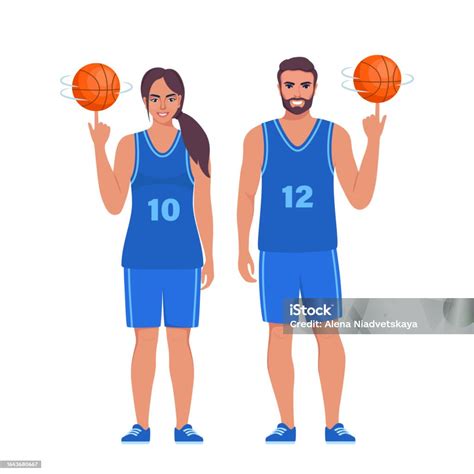 행복한 농구 선수들은 흰색 배경에 고립된 공과 유니폼을 입고 커플을 이룬다 벡터 그림입니다 경기장에 대한 스톡 벡터 아트 및