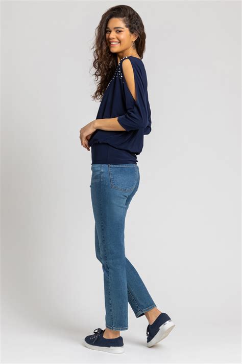 Faux Pearl Embellished Cold Shoulder Top In Navy Roman Originals Uk