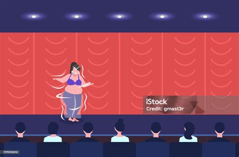 뚱뚱한 과체중 소녀 배꼽 댄서 무대 비만 체중 감량 개념 현대 콘서트 룸 극장 홀 내부 전체 길이 평면 수평에 춤을 웃는 여자를 수행 Theatrical