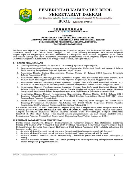 Pengumuman Pengadaan Cpns Formasi 2024 Kabupaten Buol Pdf