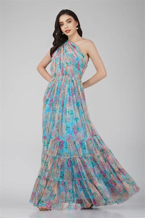 Floral One Shoulder Maxi Dress In Blue