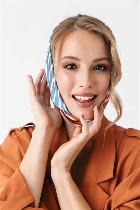 Happy Young Blonde Pretty Woman Wearing Silk Scarf Posing Isolated Over