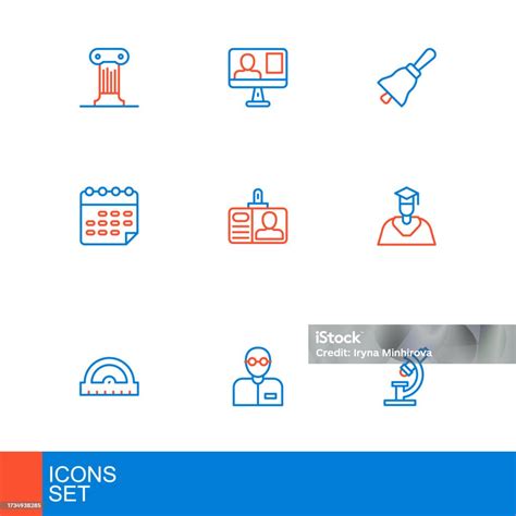 라인 현미경 교사 각도기 그리드 대학원 및 졸업 모자 학교 시간표 식별 배지 울리는 종 및 온라인 수업 아이콘을 설정합니다 벡터 프리젠테이션 연설에 대한 스톡 벡터 아트 및