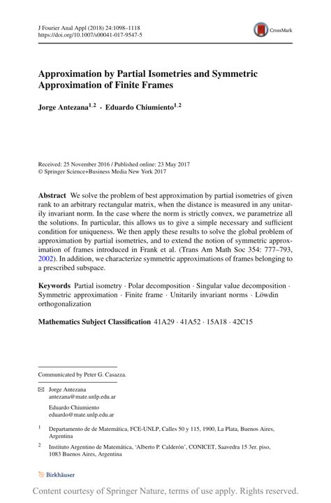 Approximation By Partial Isometries And Symmetric Approximation Of Finite Frames Request Pdf