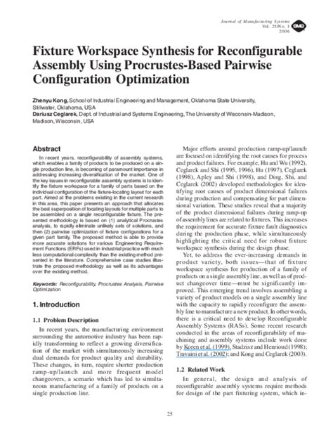 Pdf Fixture Workspace Synthesis For Reconfigurable Assembly Using Procrustes Based Pairwise