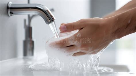 Hygiene First Washing Soapy Hands Under A Modern Bathroom Faucet