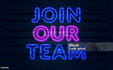 우리 팀 네온 사인 벡터 디자인 요소 라이트 배너 발표 네온 간판 밤 네온 접벤싱에 가입하세요 벡터 일러스트레이션 사람 구함 표시에 대한 스톡 벡터 아트 및 기타 이미지