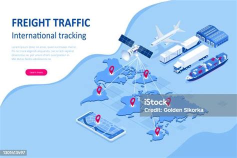 Isometric 글로벌 물류 네트워크 개념 화물 운송 위성은 화물 운송의 움직임을 추적합니다 해상 항공 운송 물류 창고 저장
