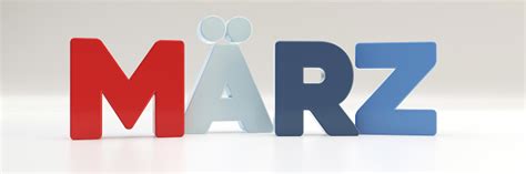 Marz 3월 빨간색 파란색 및 흰색 텍스트 타이포그래피 3d 렌더 일러스트레이션이 있는 독일어 3d 플라스틱 색상 팔레트의 달