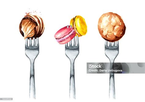 포크에 달콤한 디저트 쿠키와 초콜릿 사탕 식이 요법과 건강한 식습관의 개념 흰색 배경에 고립 된 손으로 그린 수채화 그림 개체