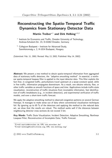 Pdf Reconstructing The Spatio Temporal Traffic Dynamics From Stationary Detector Data