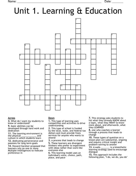 Unit 1 Learning And Education Crossword Wordmint
