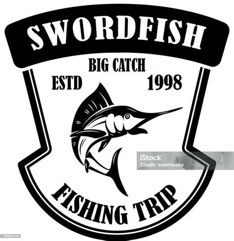 旗魚釣魚標誌範本與馬林標籤標誌海報的設計項目向量插圖向量圖形及更多剪裁圖圖片 剪裁圖 劍 劍魚 Istock