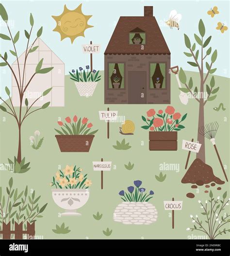 Vector Illustration Of Garden With Flower Beds With Name Plates Flat