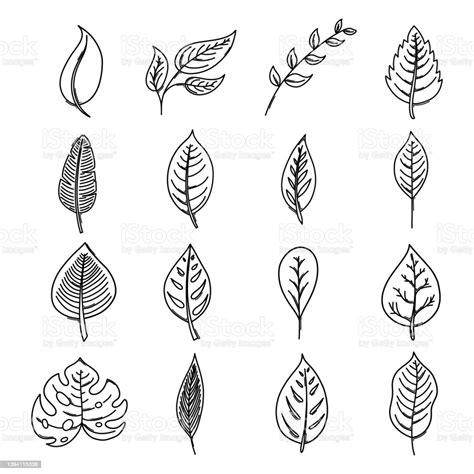 리프 낙서 벡터 아이콘 세트 스케치 그림 그리기 손으로 그린 선 Eps10 계절에 대한 스톡 벡터 아트 및 기타 이미지 계절