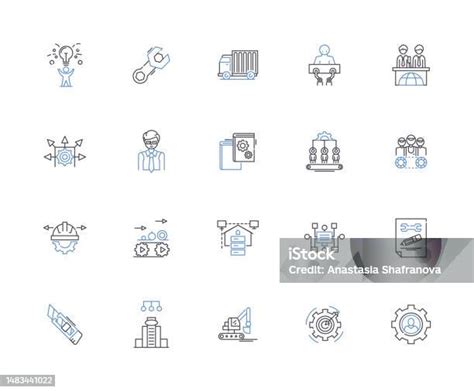 공장 개요 아이콘 모음입니다 공장 제조 작업 공장 창고 제조 벡터 및 일러스트레이션 개념 세트를 생성합니다 기계 노동 선형 표지판 조립 Cpu에 대한 스톡 벡터 아트 및