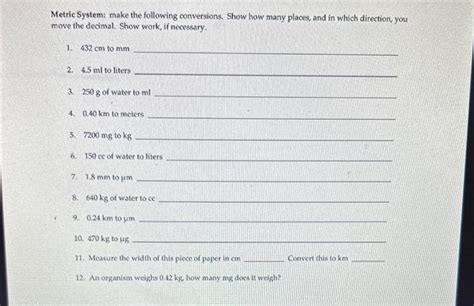 Solved Metric System Make The Following Conversions Show Chegg