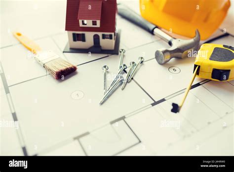 Close Up Of House Blueprint With Building Tools Stock Photo Alamy