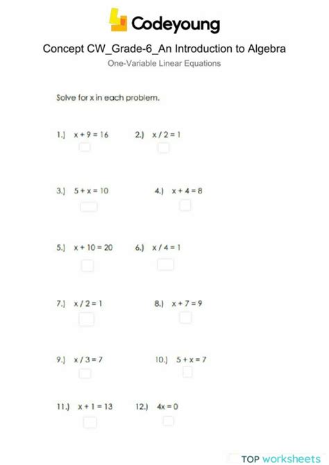 one variable linear equations concept cw interactive worksheet