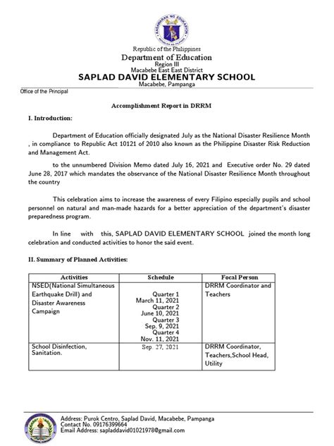 Sdes Drrm Report Pdf Emergency Management Safety