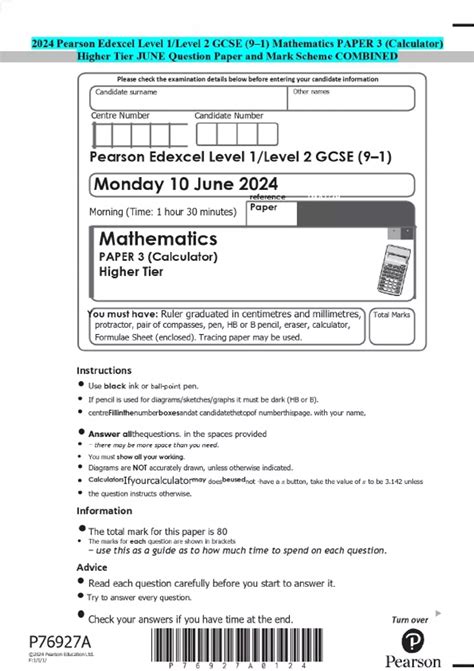 2024 Pearson Edexcel Level 1 Level 2 Gcse 9 1 Mathematics Paper 3 Calculator Higher Tier
