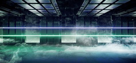 안개 미래 과학 Fi 외계인의 우주선 어두운 빈 공간 그런 지 반사 광택 콘크리트 룸 활기찬 네온 레이저 빛나는 녹색 파란 빛 배경 3d 렌더링을 연기 조명 장식에 대한