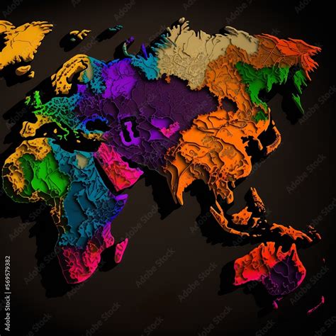 Blind Map Colored Country Continent Black Background Geography School