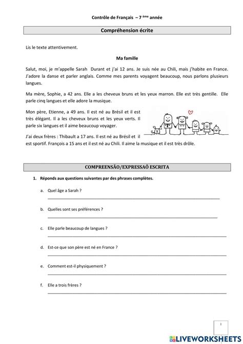 Texte La Famille Worksheet