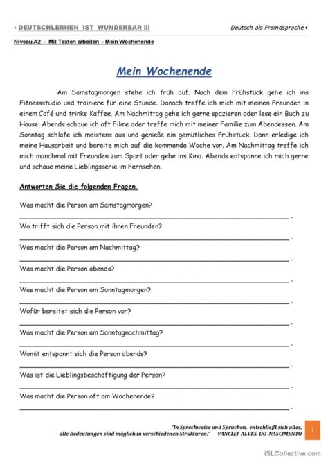 A2 Mit Texten arbeiten Mein Woch Deutsch DAF Arbeitsblätter pdf doc