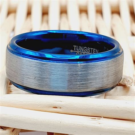 8mm Mens Wedding Band Blue Tungsten With Brushed Silver Center Ring