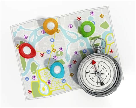 Compass And Gps Markers Standing On Navigation Map 3d Illustration