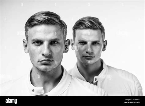 Twin Brothers Men In White Casual Clothes Look Alike Brother Stock