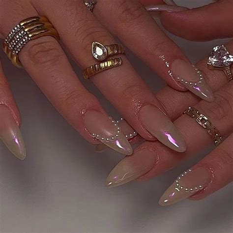Glamorous Pearl Adorned Long Almond Beige Press On Nail Set With Iride