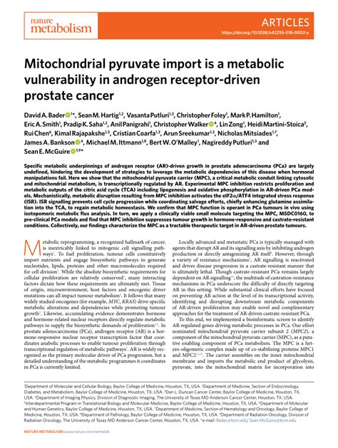 Pdf Mitochondrial Pyruvate Import Is A Metabolic Vulnerability In Androgen Receptor Driven