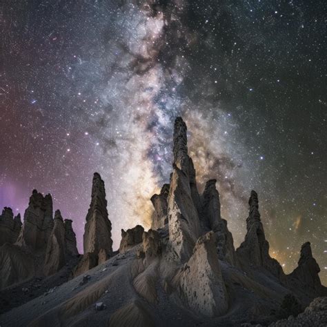 Starry Night Sky Over Towering Rock Formations In A Desert Landscape