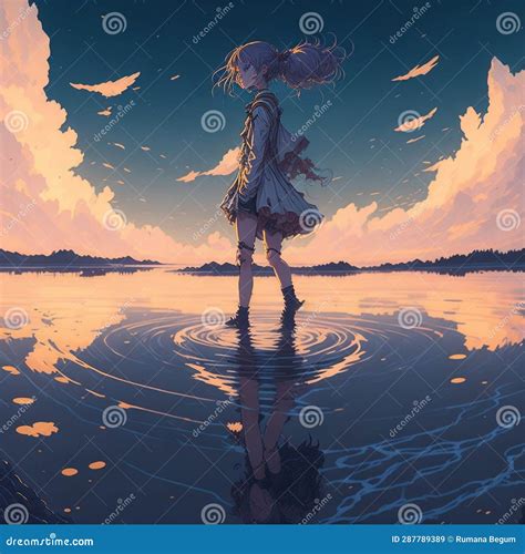 Anime Girl Walking On Water Ripples Backdrop Of Dawn Saturn In The
